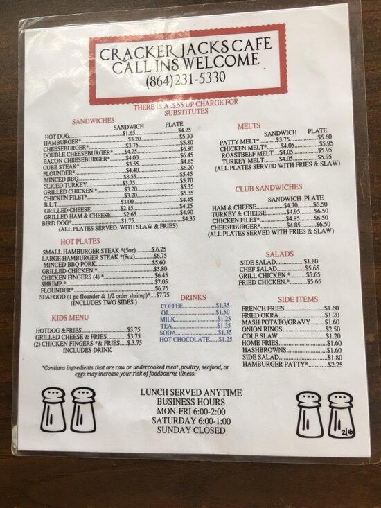 Carta de Cracker Jack's Cafe, Anderson