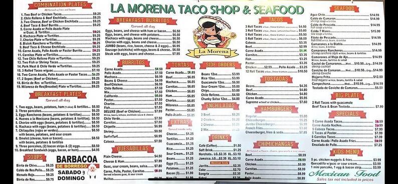 Menu at La Morena Taco Shop restaurant, San Diego