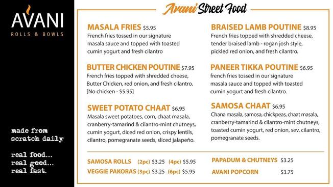 Menu at Avani Indian Rolls & Bowls restaurant, Mississauga