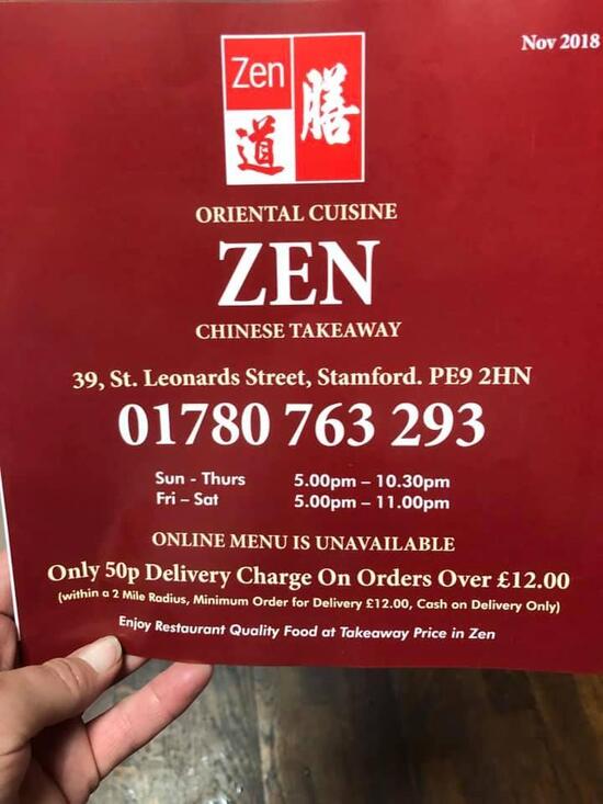 Menu at Zen Chinese Take Away restaurant, Stamford