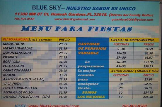 Menu at BLUE SKY restaurant, Hialeah, NW 87th Ct
