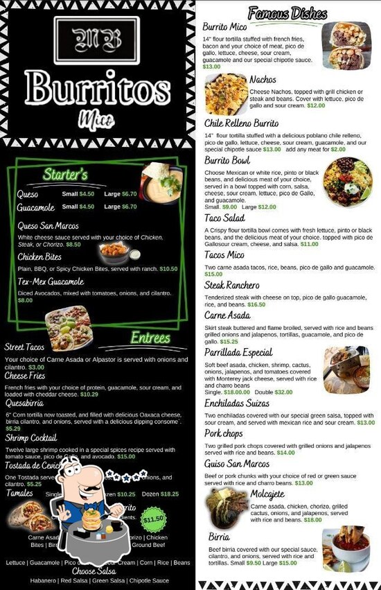 Menu at Burritos Mico restaurant, Elgin