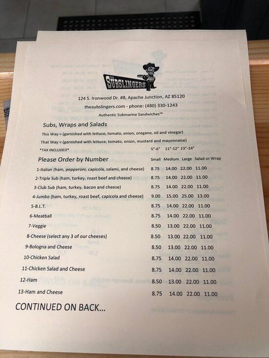 Menu at The Subslingers restaurant, Apache Junction