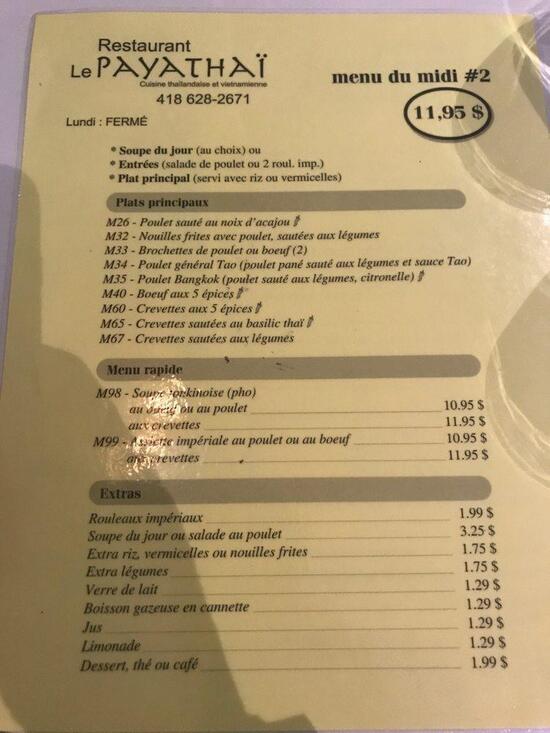 Menu au Restaurant Paya Thai, Québec