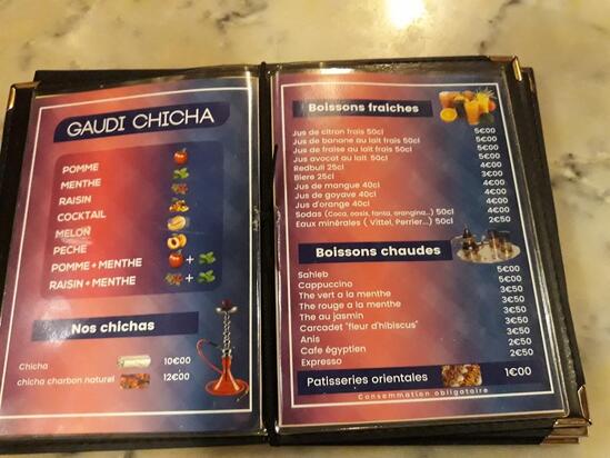 Menu at Café Chicha - Shisha - Hookah, Paris