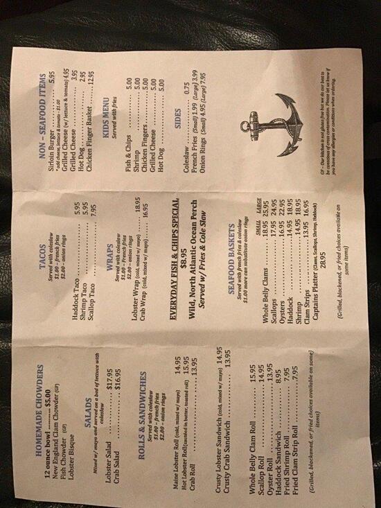 Menu at Doug's Seafood restaurant, Thomaston