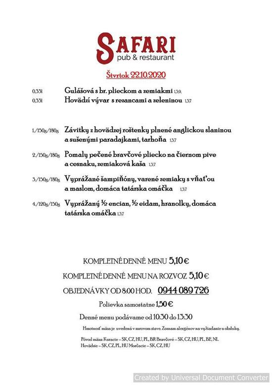 Menu at Safari pub & restaurant, Trenčín