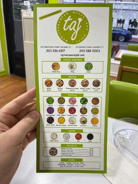 Menu at Taj Mediterranean Mezze and Grill restaurant, Norwalk