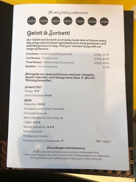 Menu at Swoon Gelato desserts, Oxford