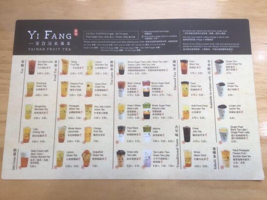 Menu at YiFang Taiwan Fruit Tea, New York City, 61 Lexington Ave