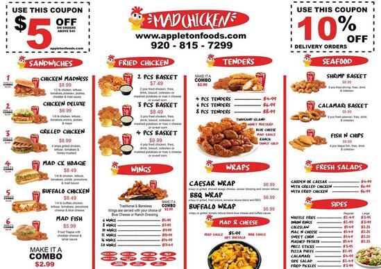 Menu at Mad Chicken restaurant, Appleton, W Wisconsin Ave