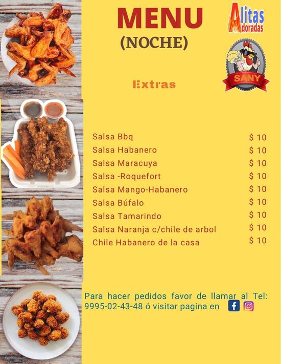 Menu at Alitas Doradas Sany restaurant, Merida