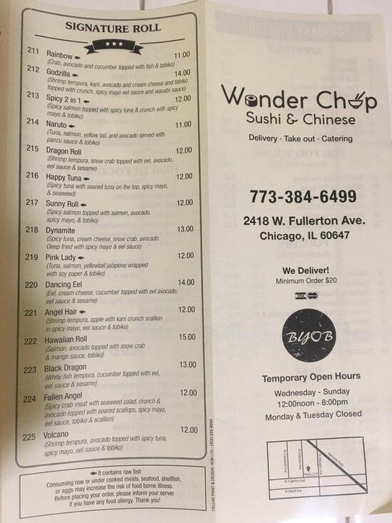 Menu at Wonder Chop restaurant, Chicago