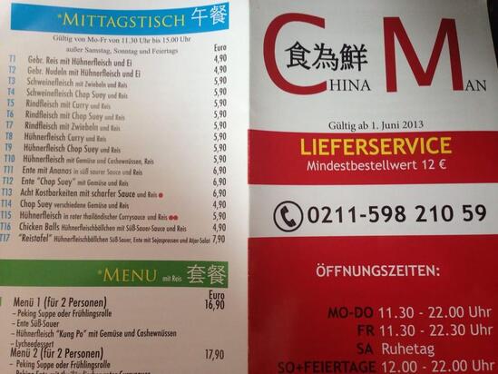 Speisekarte von CHINA MAN Düsseldorf restaurant, Düsseldorf