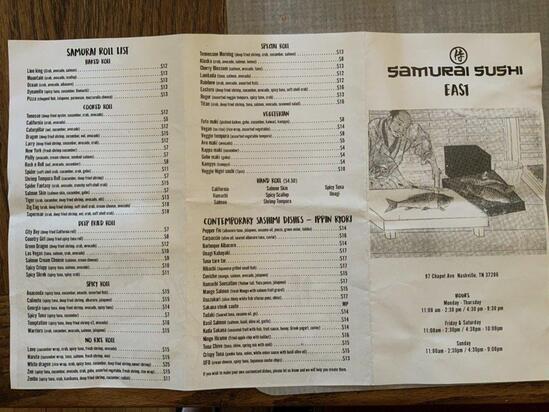 Menu at Samurai Sushi East restaurant, Nashville
