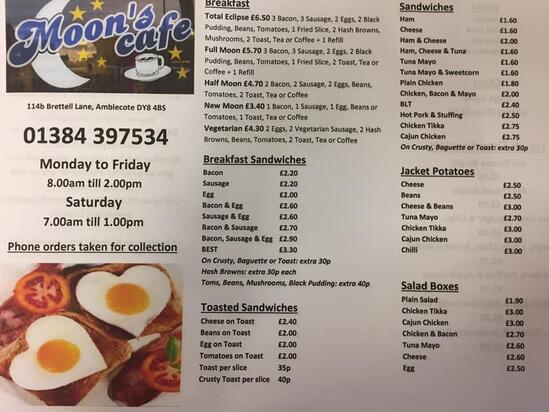 Menu at Moon's Cafe, Stourbridge