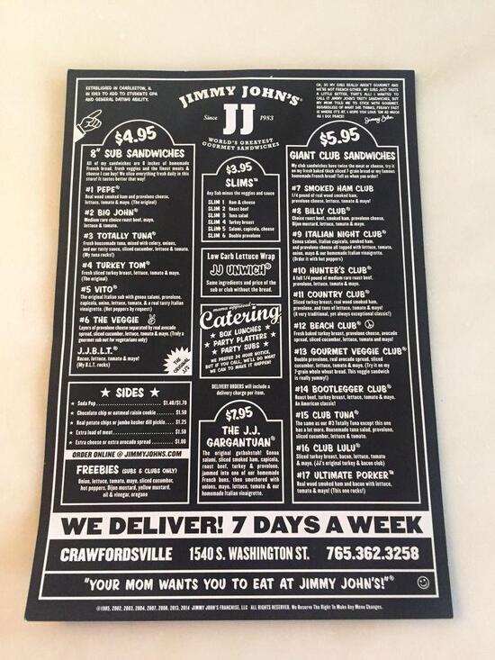 Menu at Jimmy John's fast food, Crawfordsville