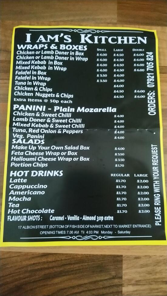 Menu at I Am's Kitchen restaurant, Halifax