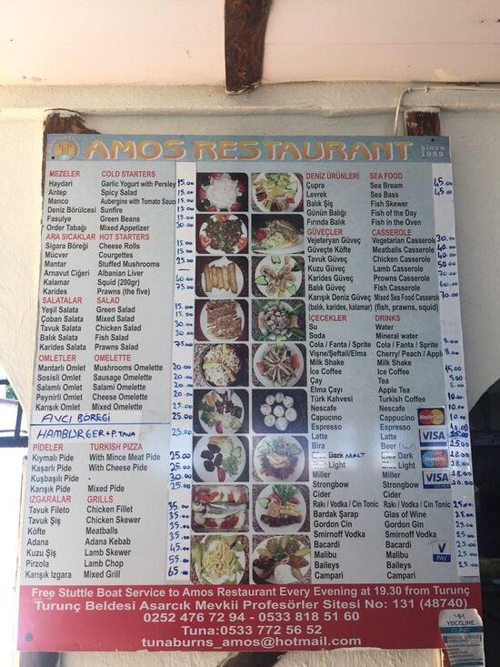 Menu at Amos Restaurant, İçmeler Belediyesi
