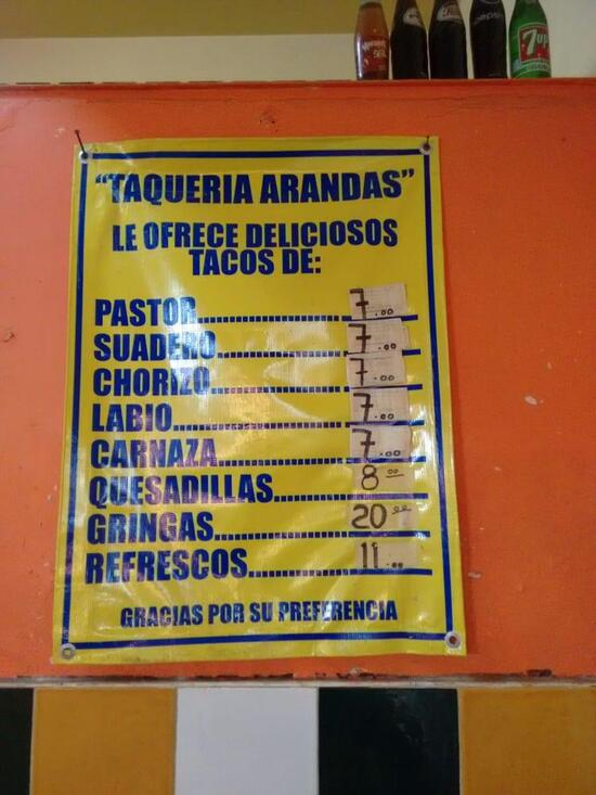 Menu at Taqueria Arandas restaurant, Guadalajara, Calle Esteban Loera 180