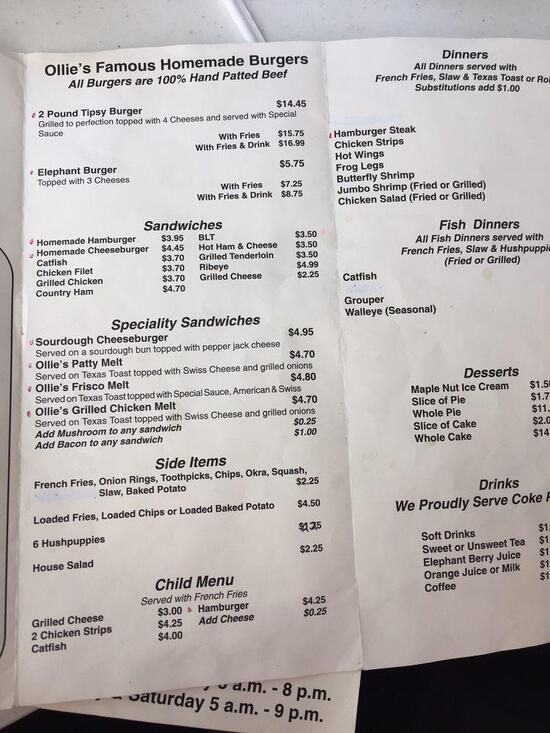 Menu at Ollie's Place restaurant, Celina