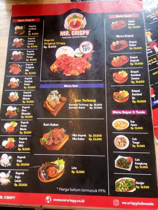 Menu at Mr. Crispy Setu restaurant, Bekasi Regency
