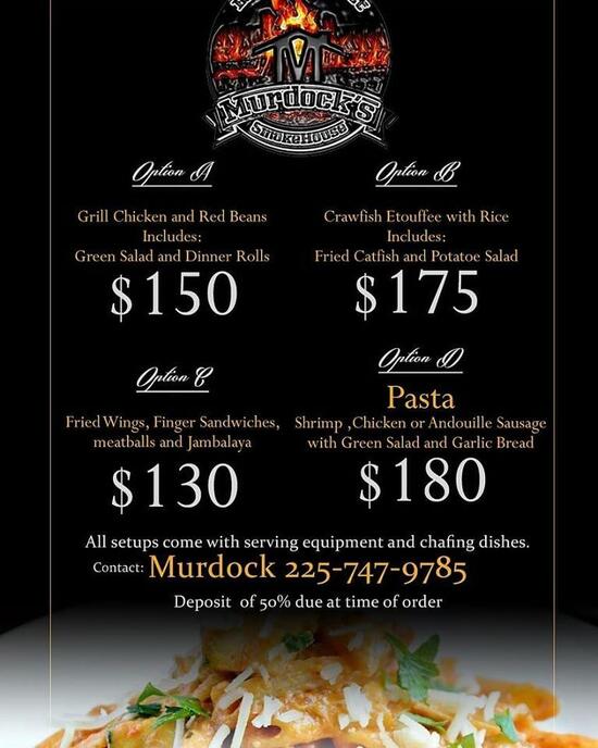 Menu at Murdock smokehouse restaurant, Baton Rouge