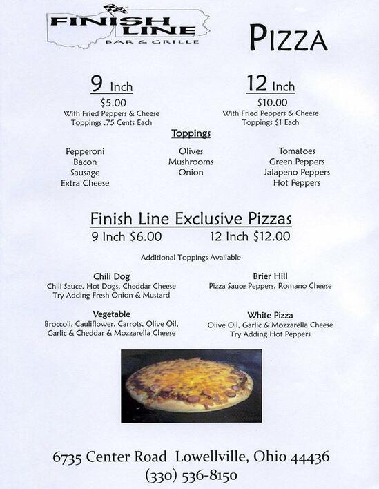 Carta de Finish Line Bar & Grille, Lowellville
