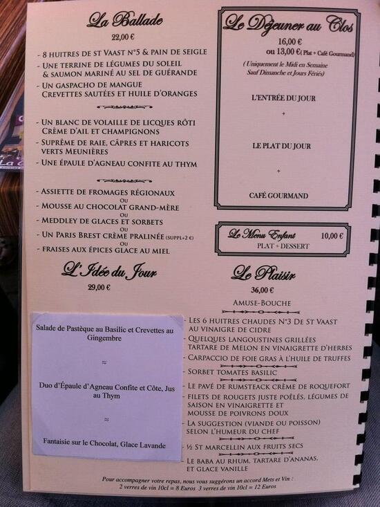 Menu au Le Clos des Capucins restaurant, Montreuil, 46-48 Pl. du ...