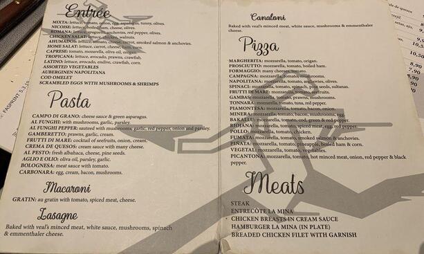Menu at Pizzería La Mina, San Sebastián