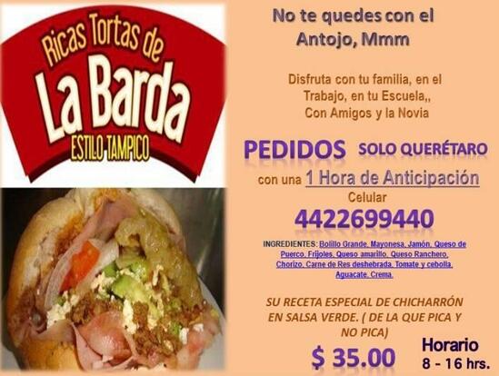 Carta de Tortas la Barda al Estilo Tampico " La Huasteca ", Santiago de ...