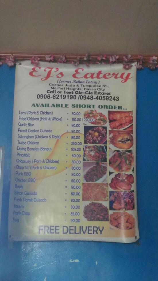 Menu at EJ's Eatery restaurant, Davao City, Door No. 5