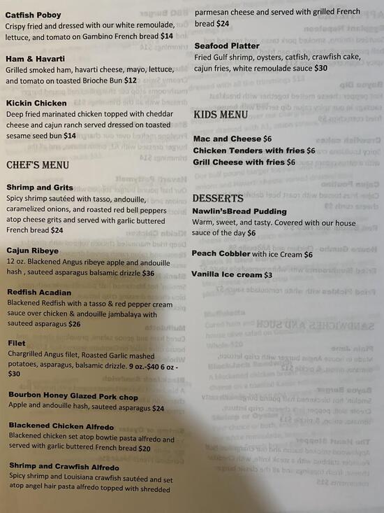 Menu at Phyfer's restaurant, Tupelo