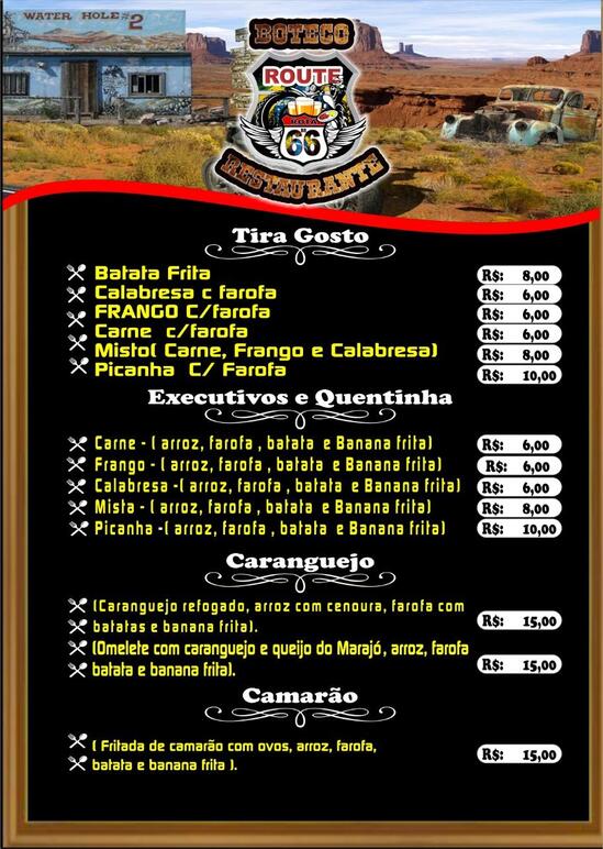 Menu em Rota 66 restaurante, Brasil, Travessa 17. Quarta e quinta ruas