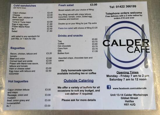 Menu at Calder Cafe, Halifax