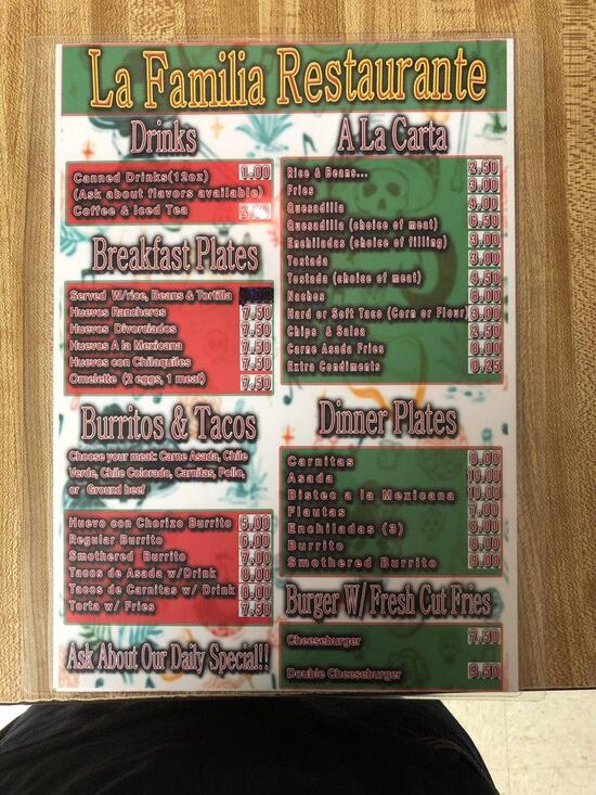 Menu at La Familia Restaurant, Las Animas