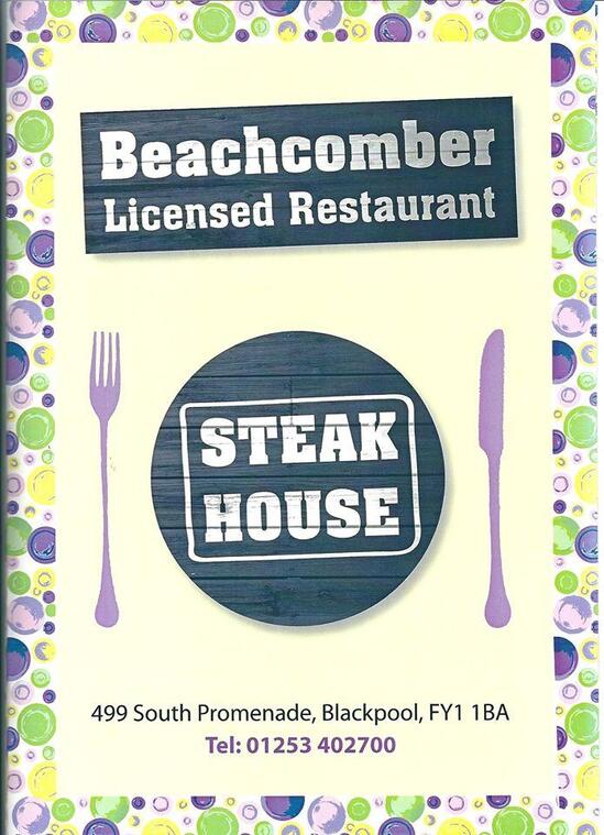 Menu at Beachcomber Steakhouse, Blackpool