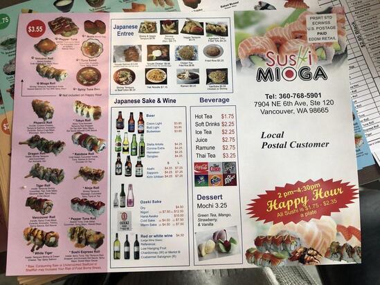 Menu at Sushi Mioga restaurant, Vancouver, NE 6th Ave