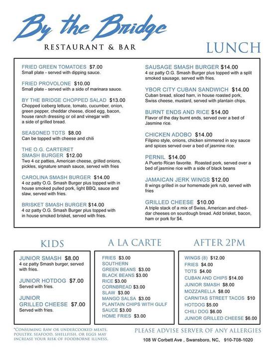 Menu at By The Bridge pub & bar, Swansboro