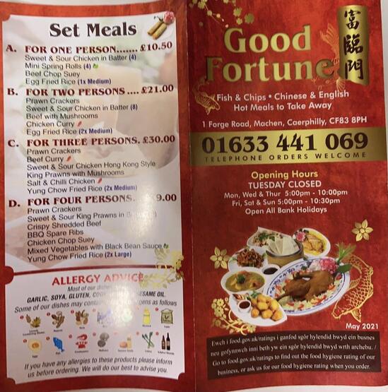 Menu at Good Fortune fast food, Caerphilly