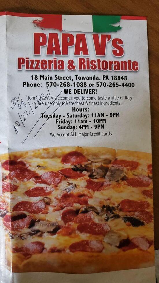 Menu at Papa V pizzeria, Towanda