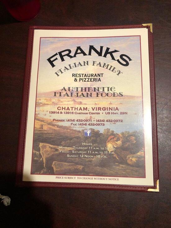 Menu at Frank's Pizza pizzeria, Chatham, US-29