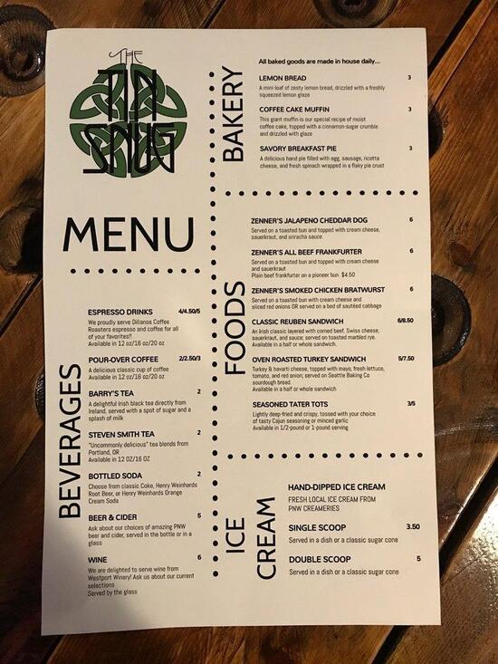 Menu at The Tin Snug cafe, Pe Ell