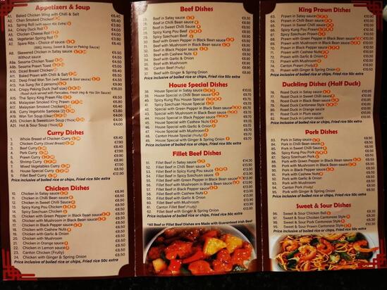 Menu at Chan Oriental restaurant, Longford