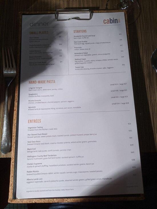Menu at cabin restaurant, Caledon, Mono 3rd Line