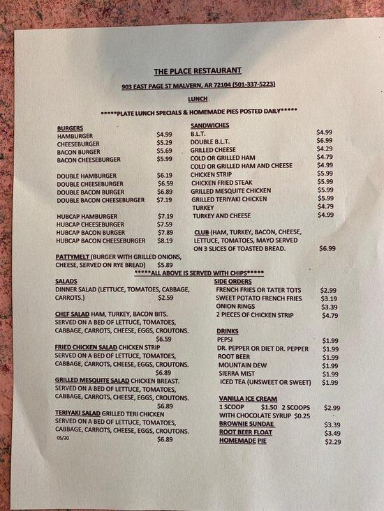 Menu at Place Restaurant, Malvern