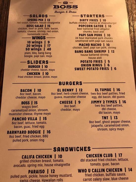 Menu at Boss Tapas, Burger & Brew restaurant, Hialeah