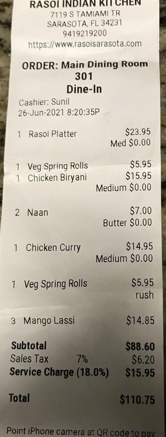 Menu at Rasoi Indian Kitchen restaurant, Sarasota