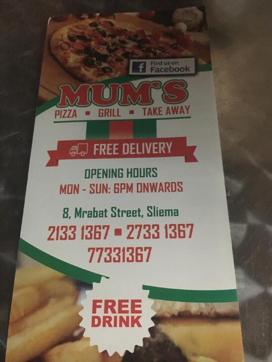 Menu at Mum's Take Away restaurant, Sliema