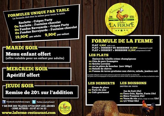 Menu at La Ferme restaurant, Jouy-aux-Arches
